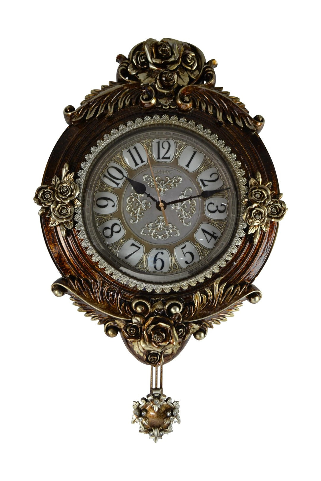 16" Brown and Silver Resin Wall Clock - Elegant Silent Pendulum with O