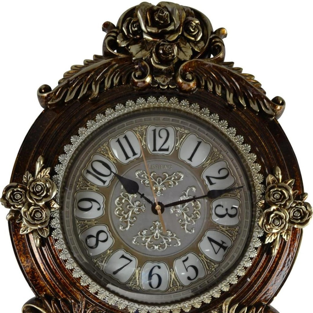 16" Brown and Silver Resin Wall Clock - Elegant Silent Pendulum with O