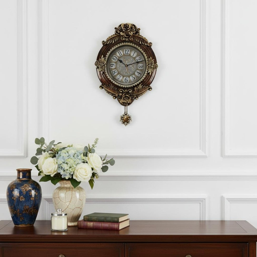 16" Brown and Silver Resin Wall Clock - Elegant Silent Pendulum with O