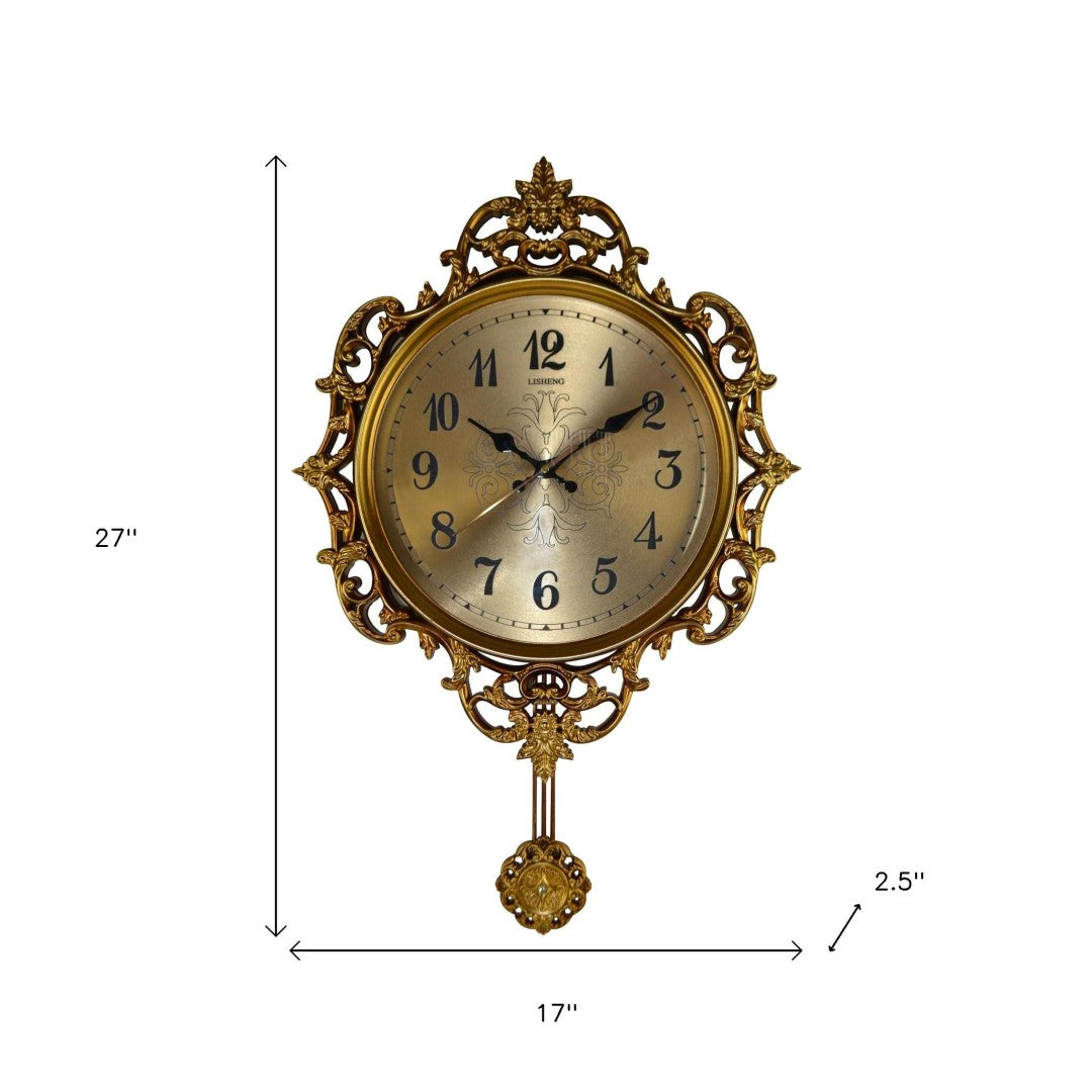 17" Gold and Black Ornate Silent Pendulum Wall Clock - Timeless Elegan