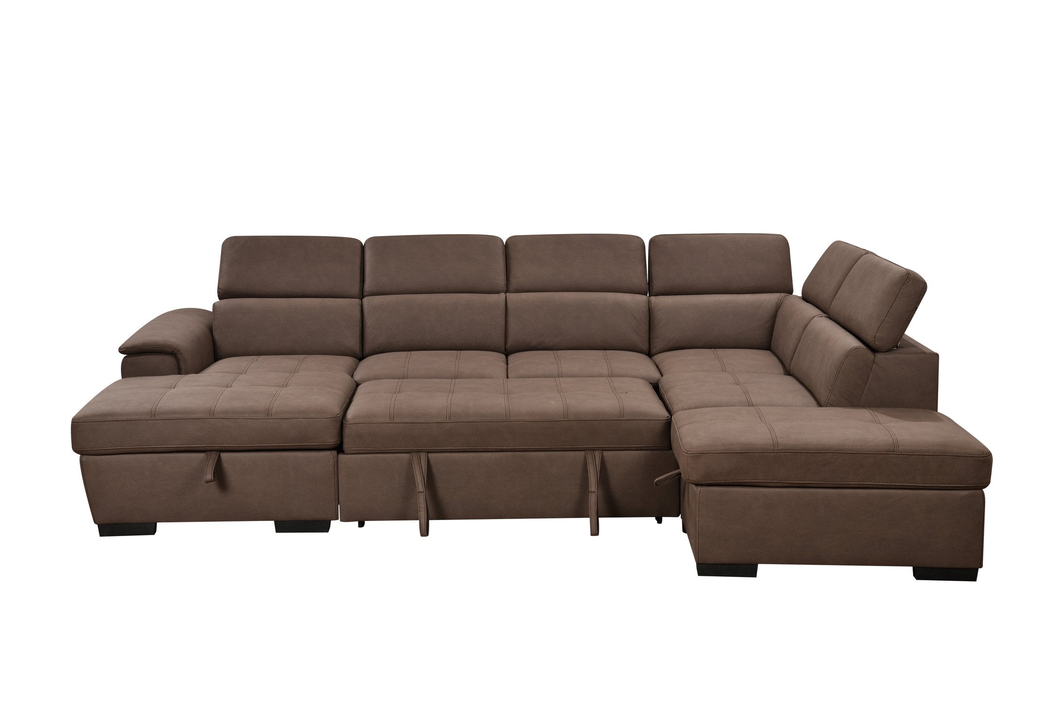128"Sofa U-Shaped Sectional With Pull-Out Bed, Storage Chaises, Adjust