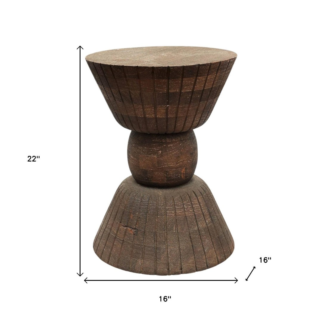 22" Rustic Drum End Table - Handcrafted Solid Mango Wood, Distressed F