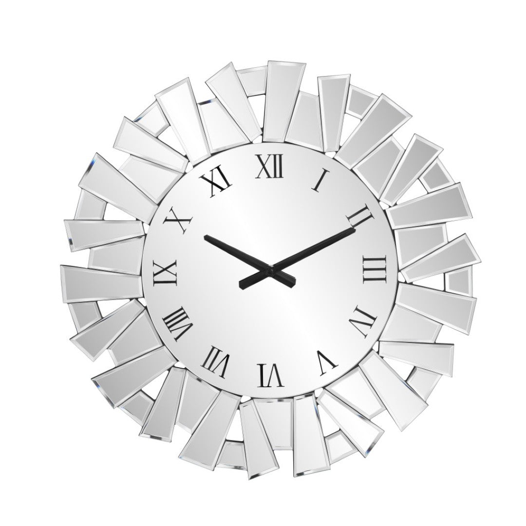 27" Silver Mirrored Glass Sunburst Wall Clock - Elegant Silent Analog