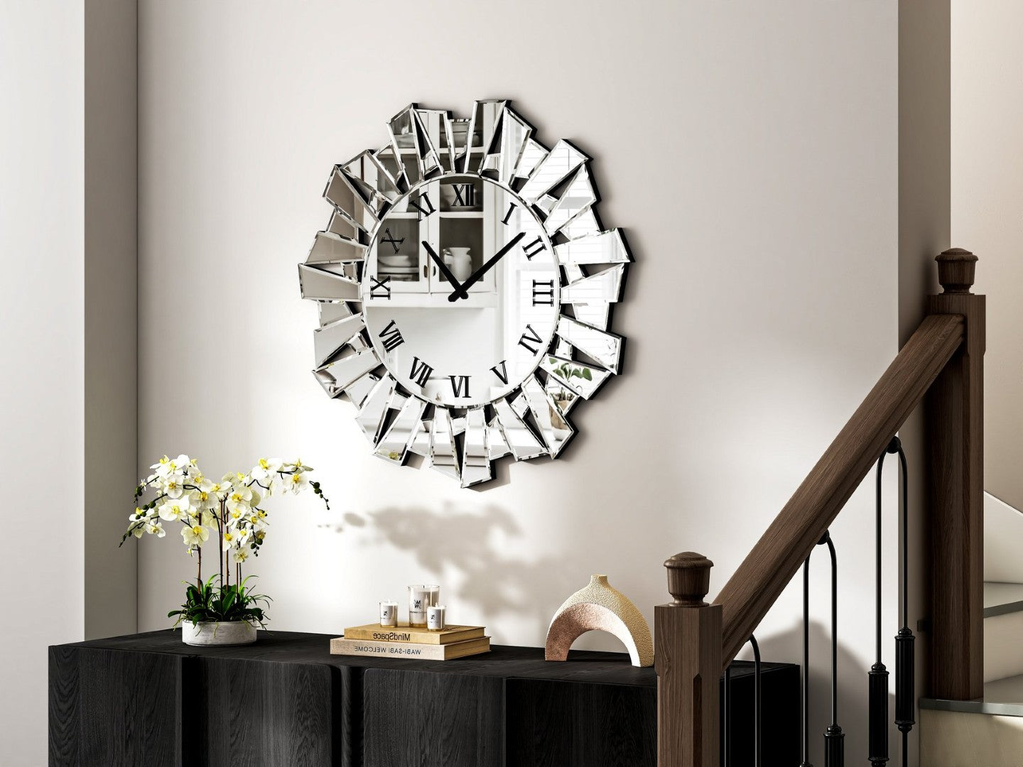 27" Silver Mirrored Glass Sunburst Wall Clock - Elegant Silent Analog