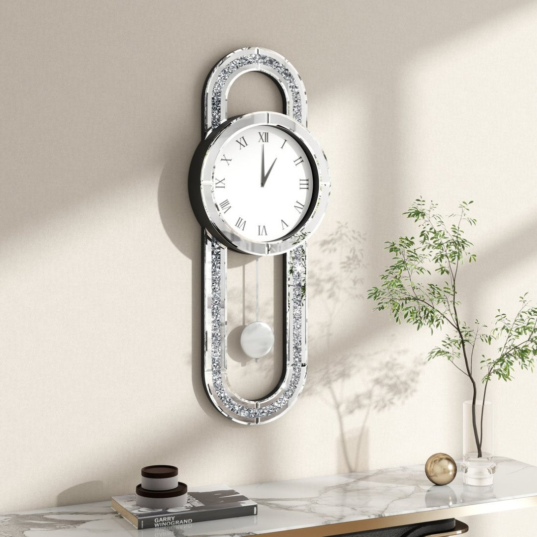 15" Silver Faux Crystal Oval Wall Clock with Mirrored Glass, Silent Mo