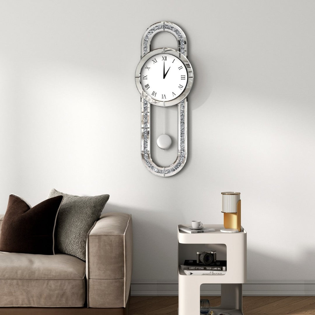 15" Silver Faux Crystal Oval Wall Clock with Mirrored Glass, Silent Mo