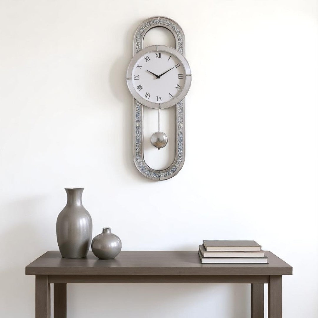 15" Silver Faux Crystal Oval Wall Clock with Mirrored Glass, Silent Mo