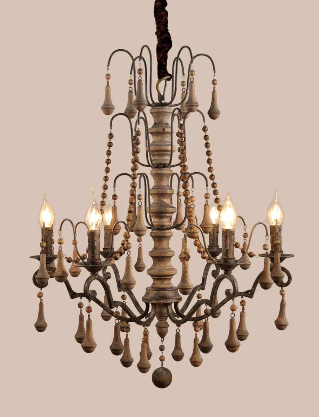 Evelyn Iron and Wood Victorian Pendant Light Fixture - Stunning 6-Bulb