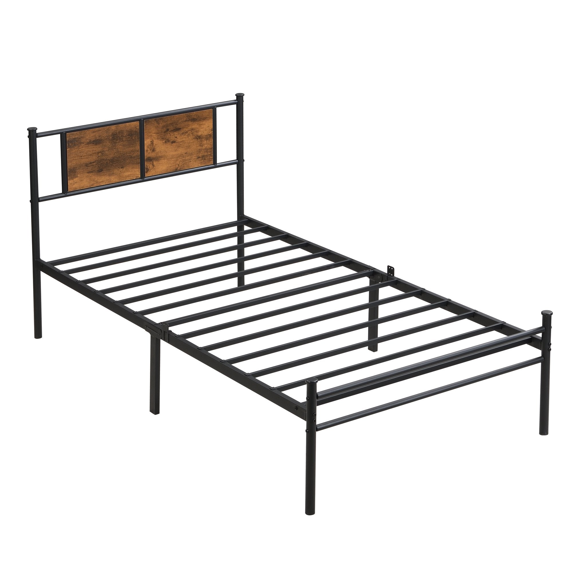 Twin Metal Bedframe with Wood-Accented Headboard, Black/Brown, Sturdy