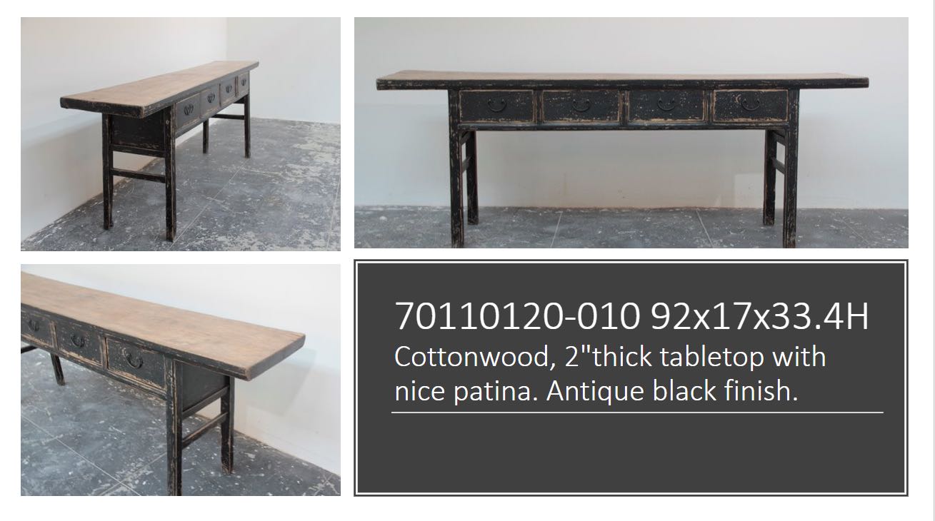 Vintage Console Table in Antique Black - 8ft Elm Wood Design with Four