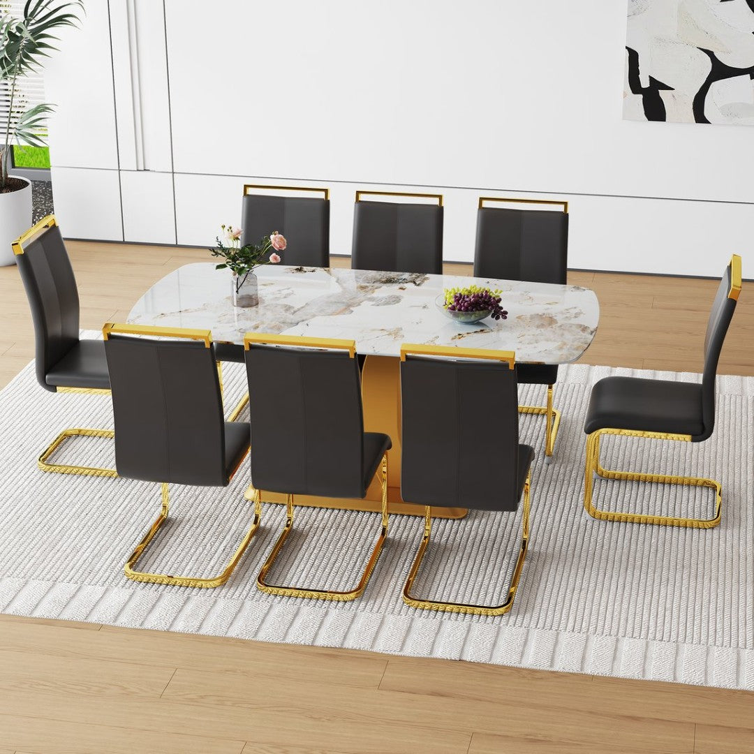 Table Set - Luxurious Pandora Patterned Dining Table With 8 Black Pu C
