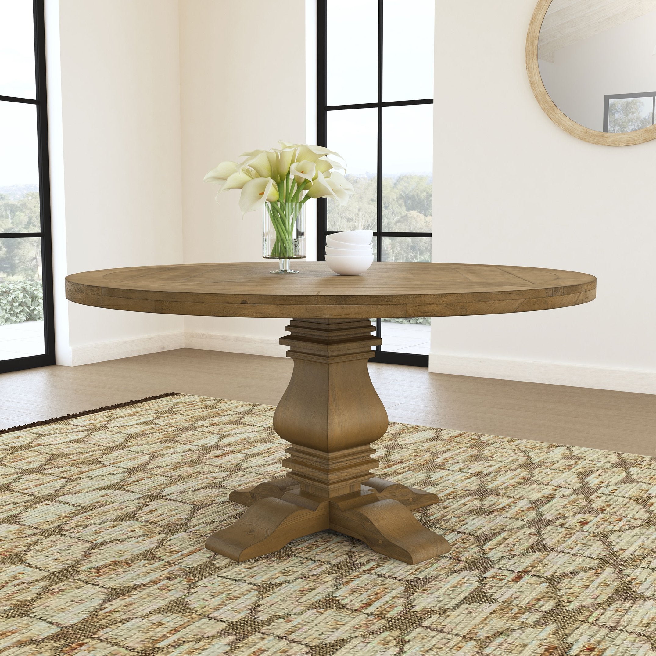 Rhea Rustic Honey Round Wood Dining Table With Solid Pine & Mahogany,