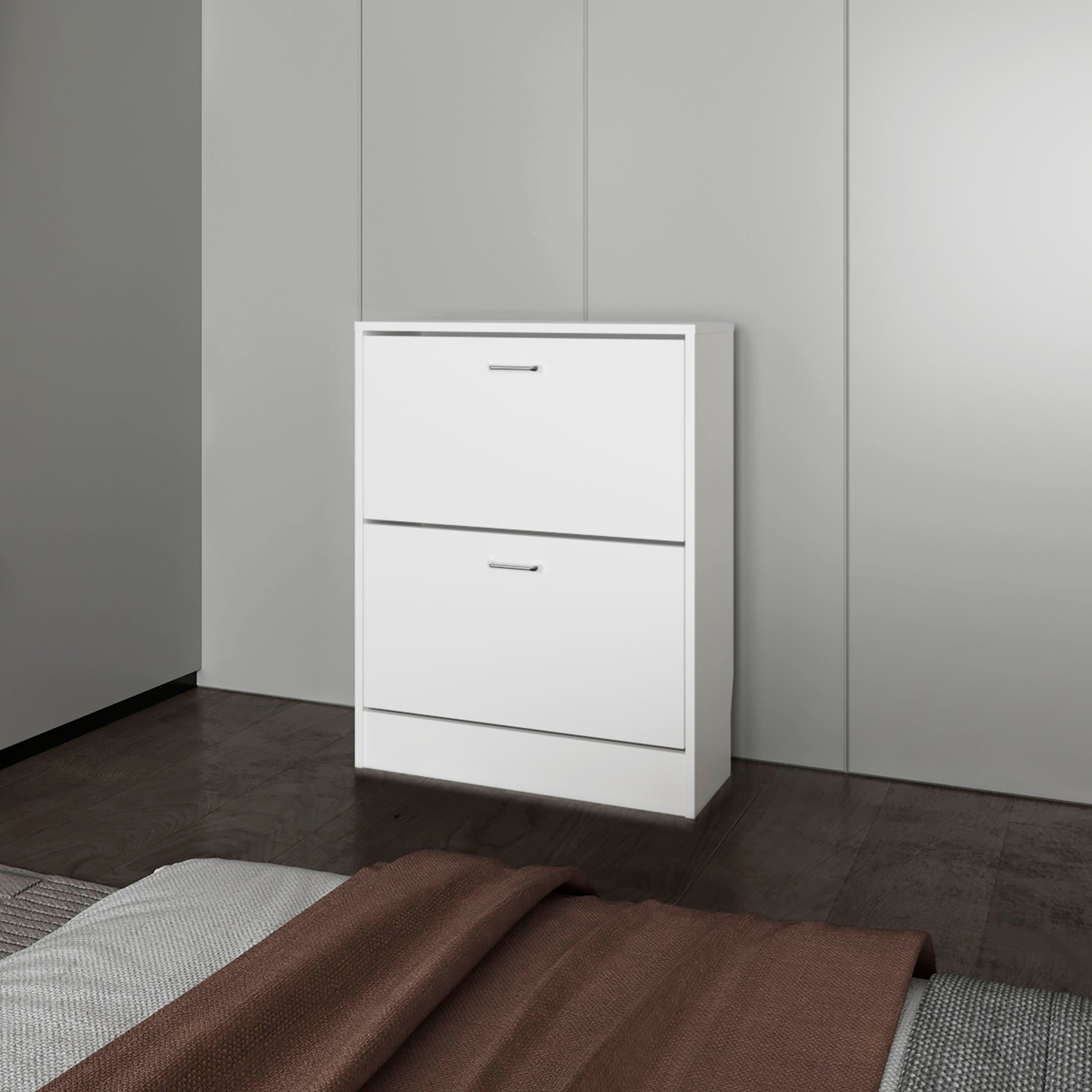 White Slim Shoe Cabinet With 2 Tilt-Out Doors — Space-Saving White Sto