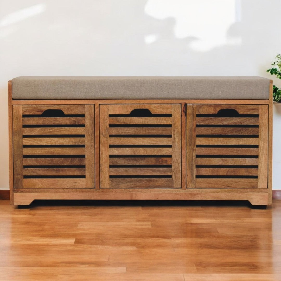 Solid Wood Shoe Bench With Cream Boucle Upholstery, 3 Drawers, Rustic
