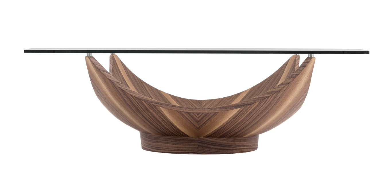 Sunset Bowed Walnut Pedestal Coffee Table With 47" Square Tempered Gla