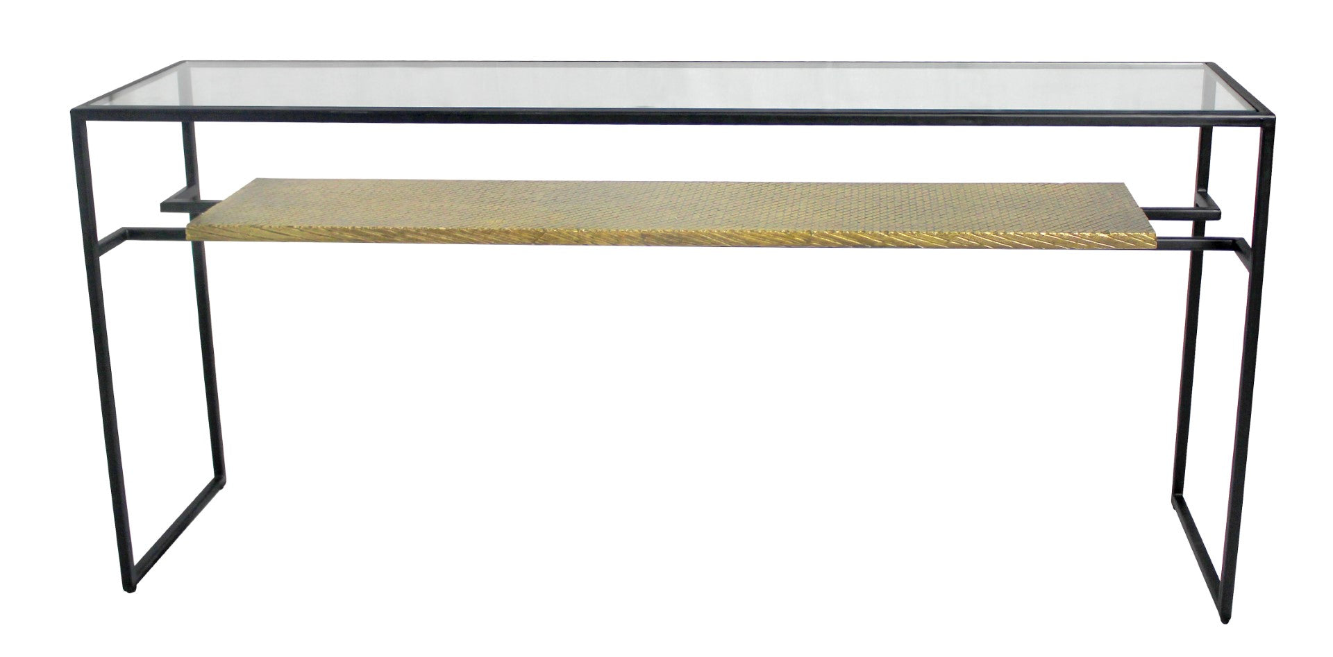 Cooper Console Table – Elegant Black Iron Base, Glass Top, & Brass She