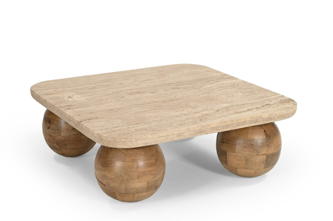 Seadrift Travertine Marble Coffee Table With Sculptural Mango Wood Leg
