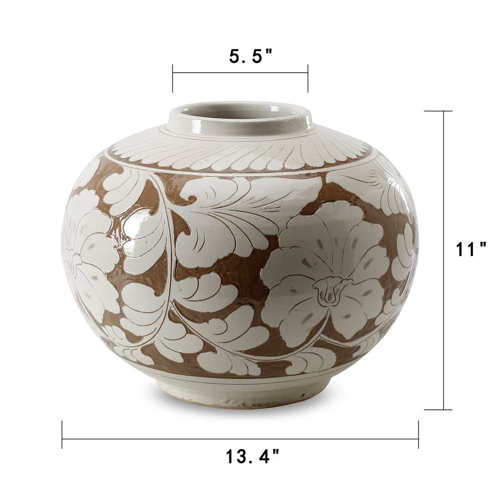 Amalfi Elegant White Porcelain Double Glazed Round Vase with Floral De