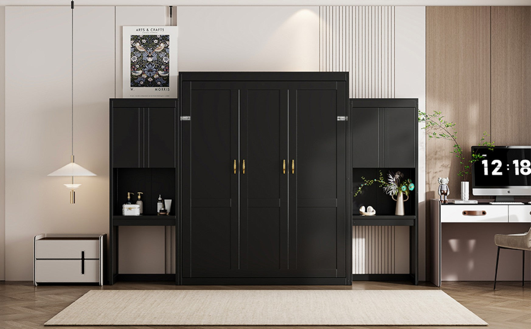 Queen Size Murphy Bed With Integrated Desk, Flip-Up Vanity & Storage C