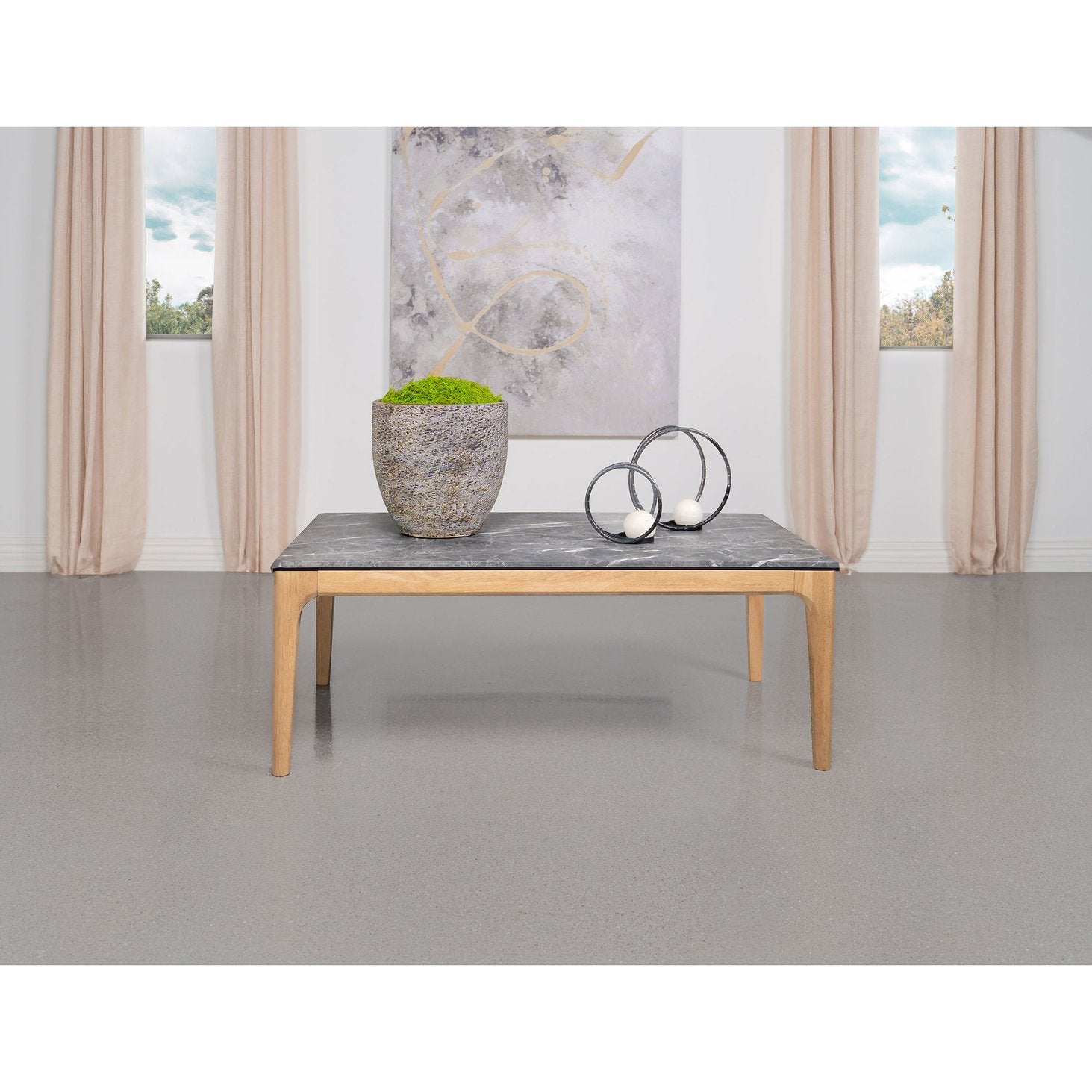 Blaine Modern-Retro Coffee Table With Faux Marble Top & Light Oak Base