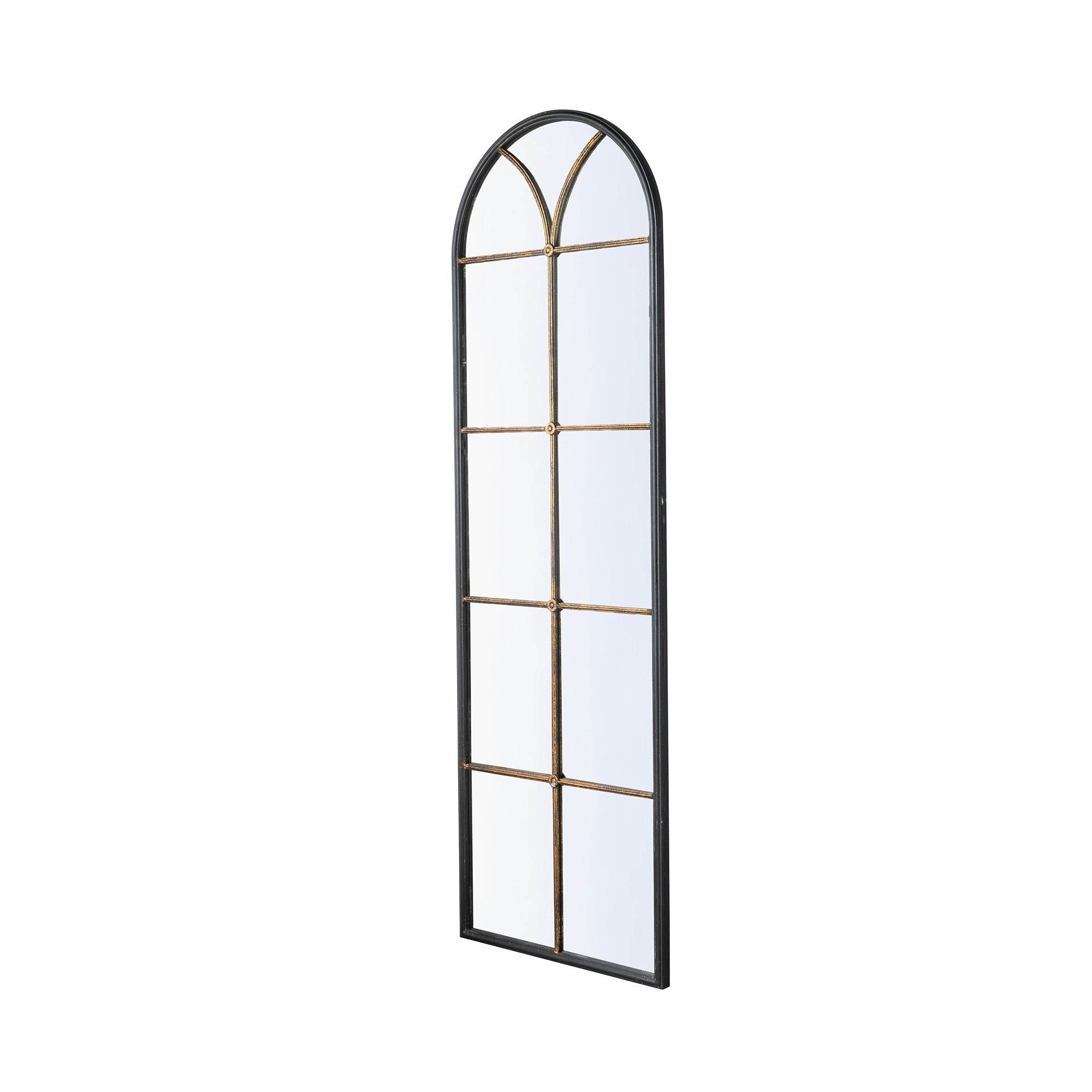 23.5X74.5" Arched Floor Mirror With Black & Gold Windowpane Frame, Ful