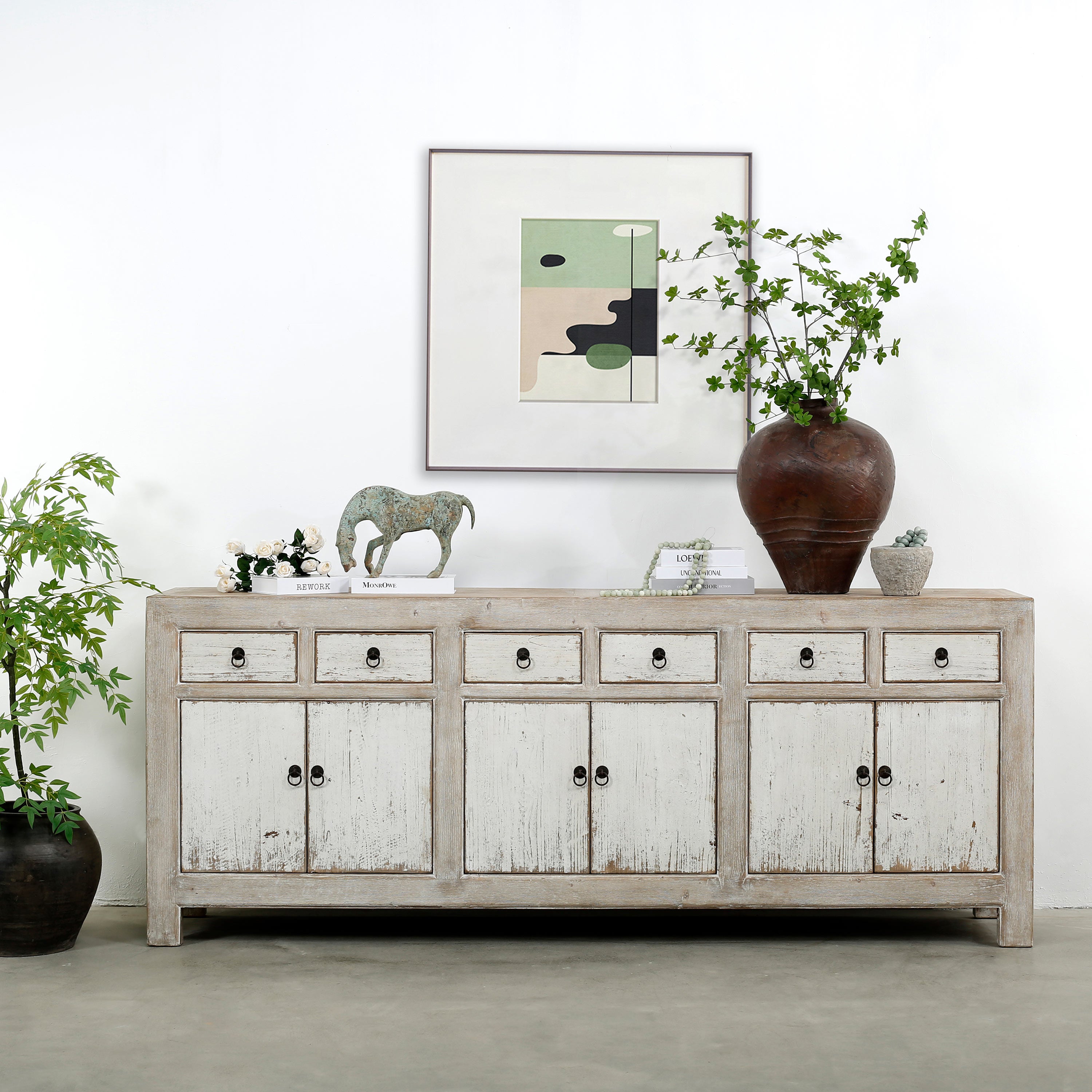 91" Amalfi Antique Off White Buffet with 6 Drawers - Elegant Wooden St