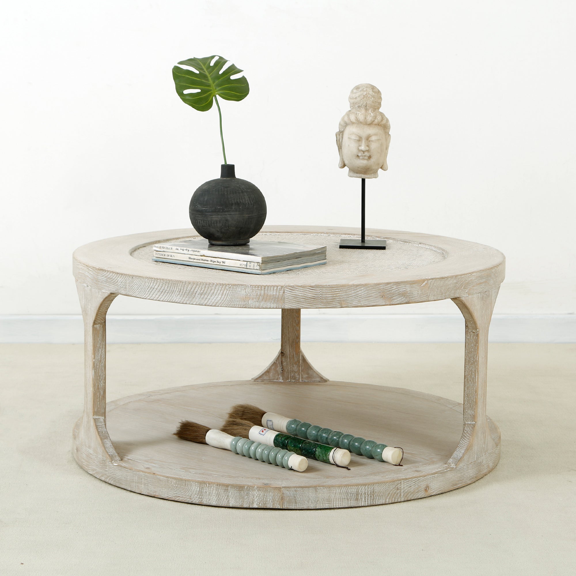 Milo Round Coffee Table - Chic Off-White Rattan Top with Weathered Fin