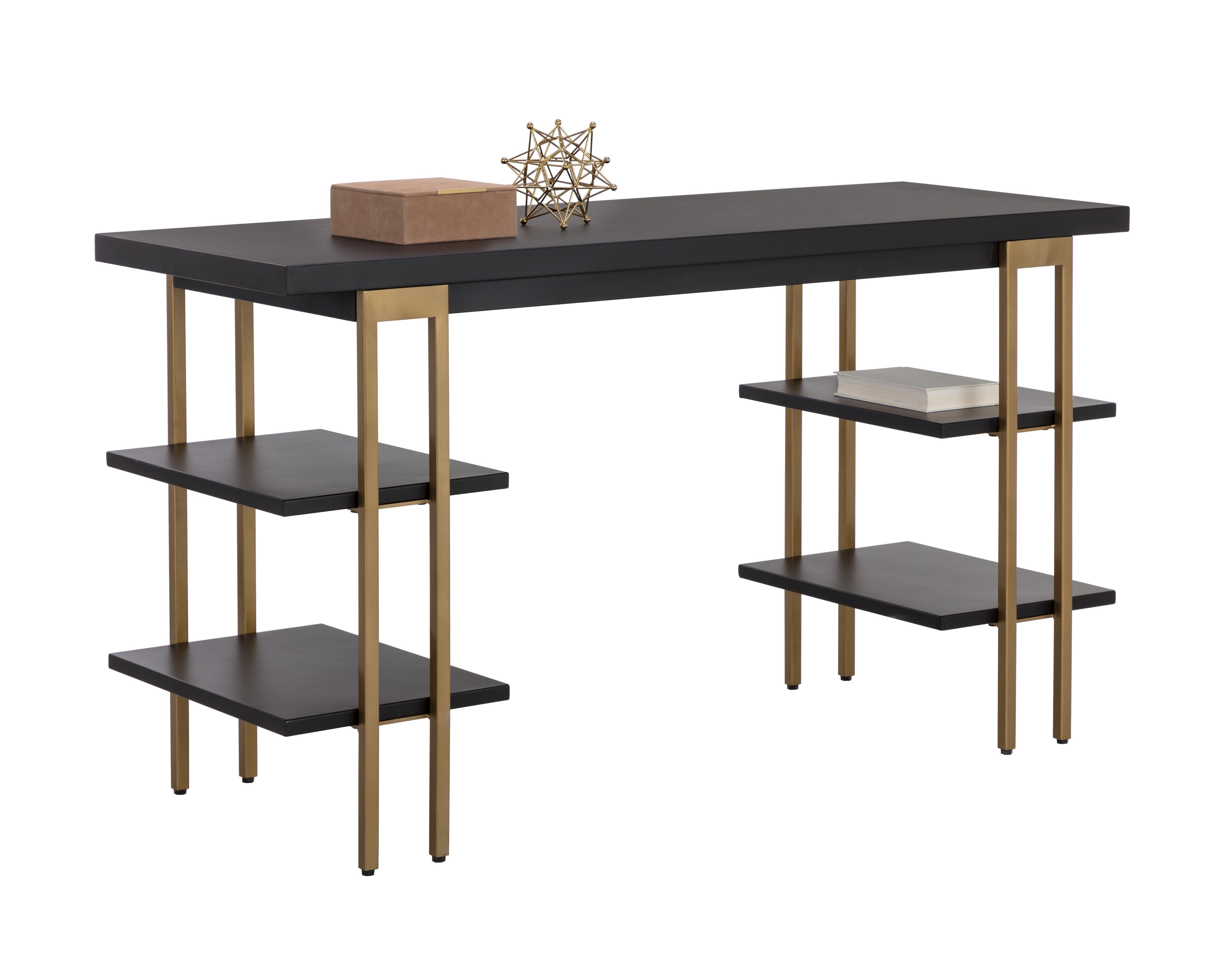 Levigne Modern Geometric Desk with Black Iron Shelving & Antique Brass