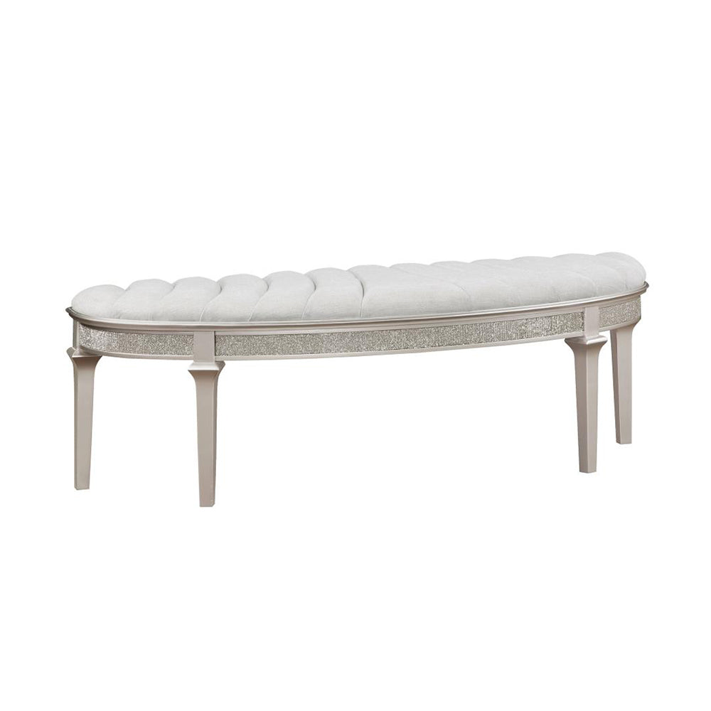 Curved Demilune Fabric Bench with Ivory Channeled Tufting and Silver O