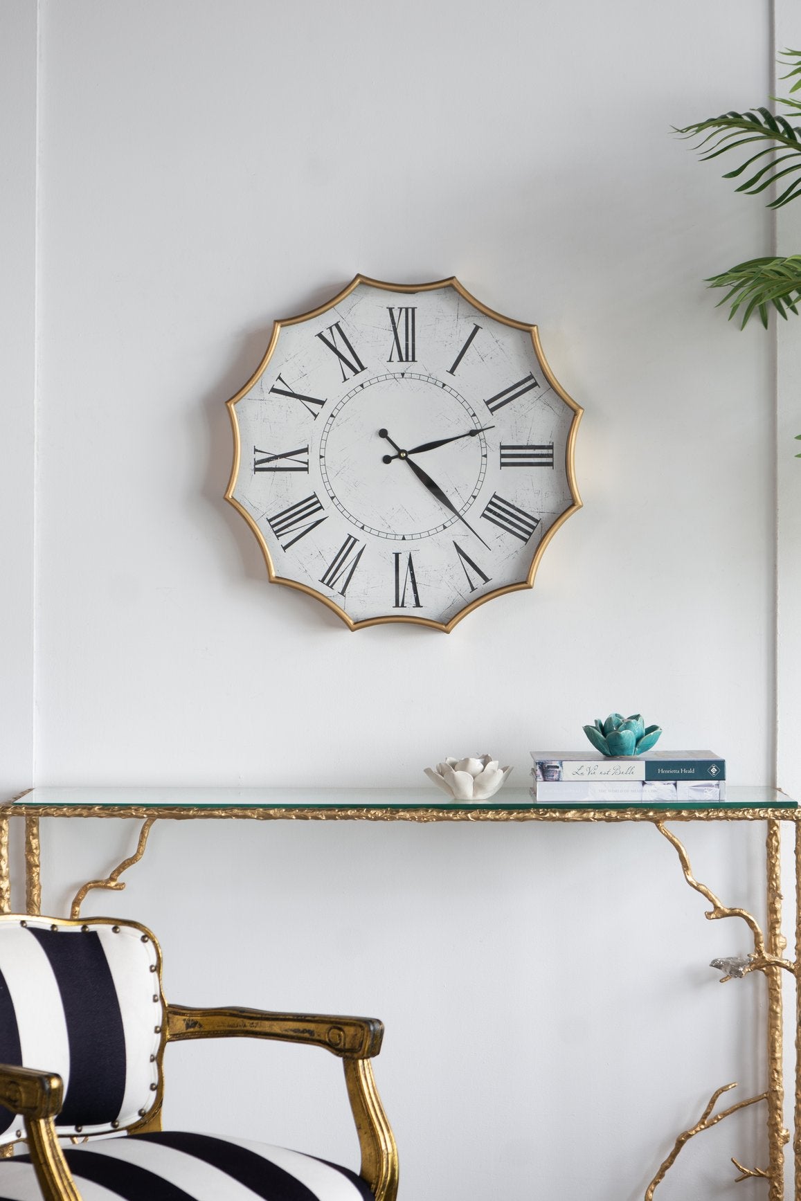 23.5X2.5X23.5" Vintage Roman Numeral Wall Clock Gold Wave Frame White