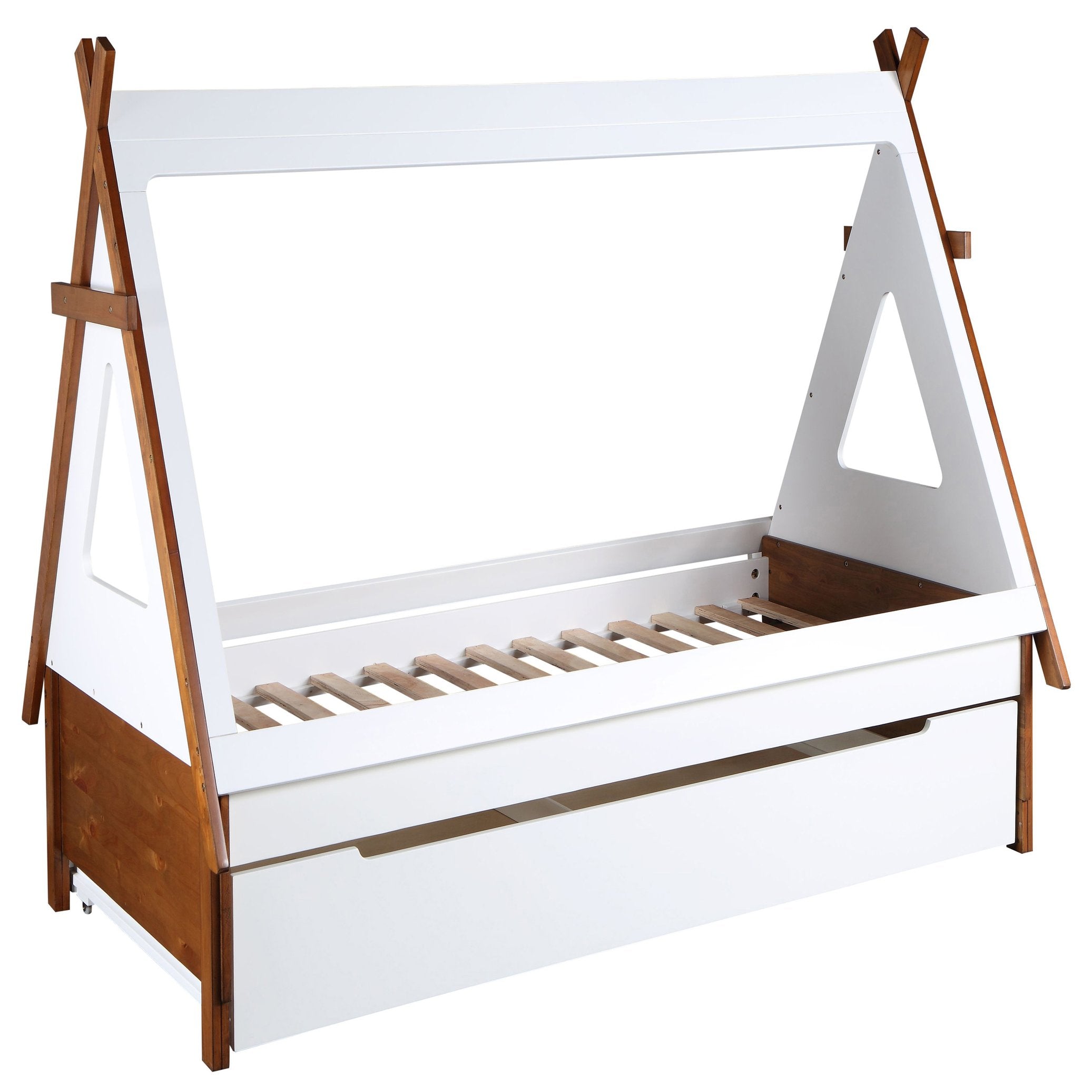 Oak Twin Tent Bed Frame In Oak & White With 14-Slat No-Box-Spring Supp