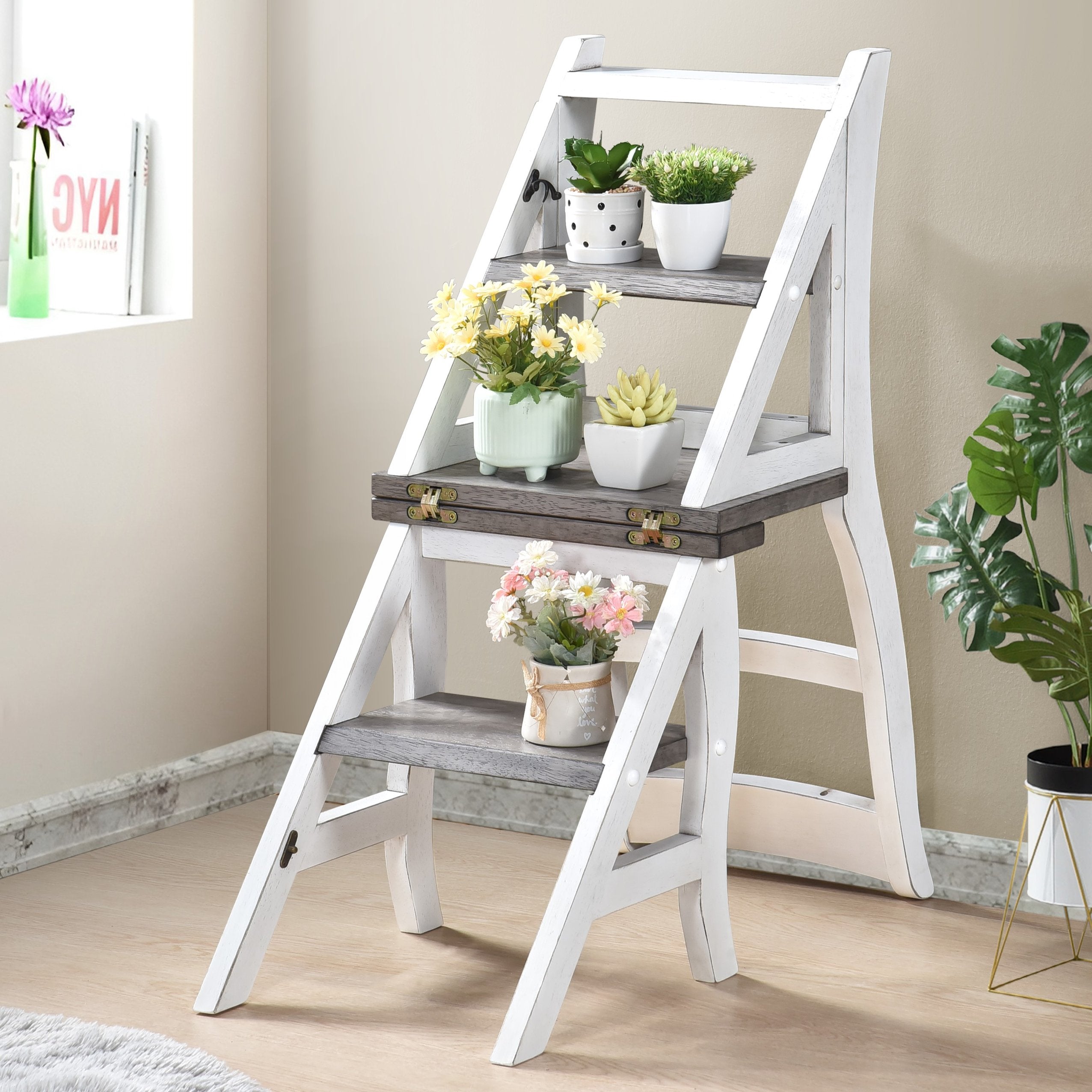 Solid Wood Foldable Ladder Chair 2-In-1 Rustic Two-Tone Step Stool & D