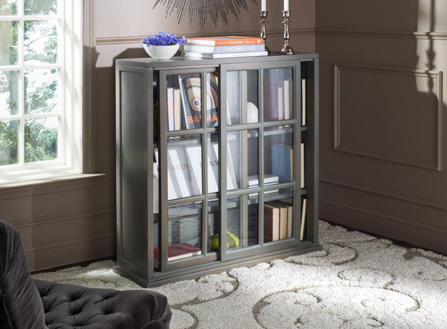 Greg 3-Tier Pine Bookcase With Glass Sliding Doors For Stylish Storage