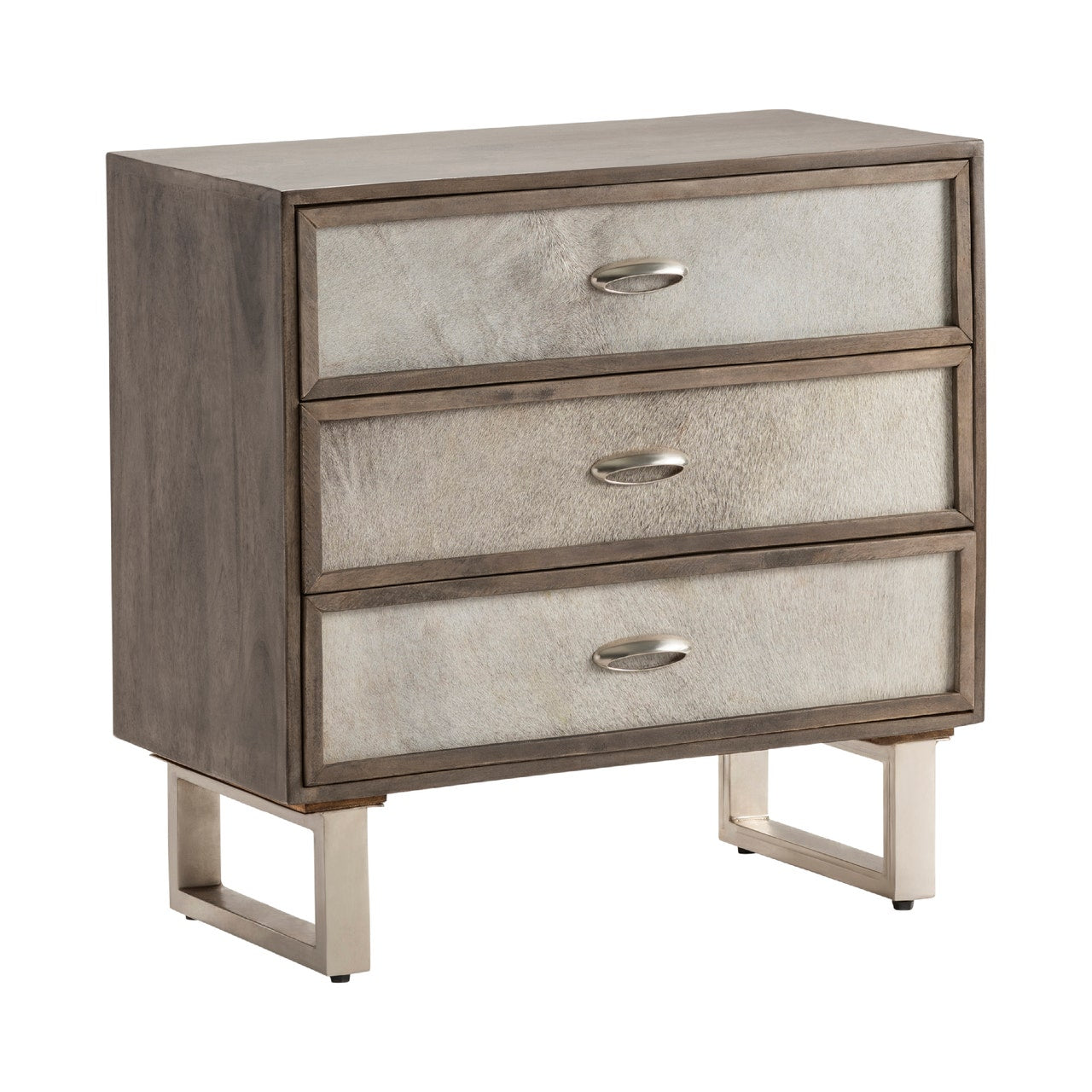 Theodore 3-Drawer Gray Cowhide Chest with Sleigh Legs - Stylish Accent