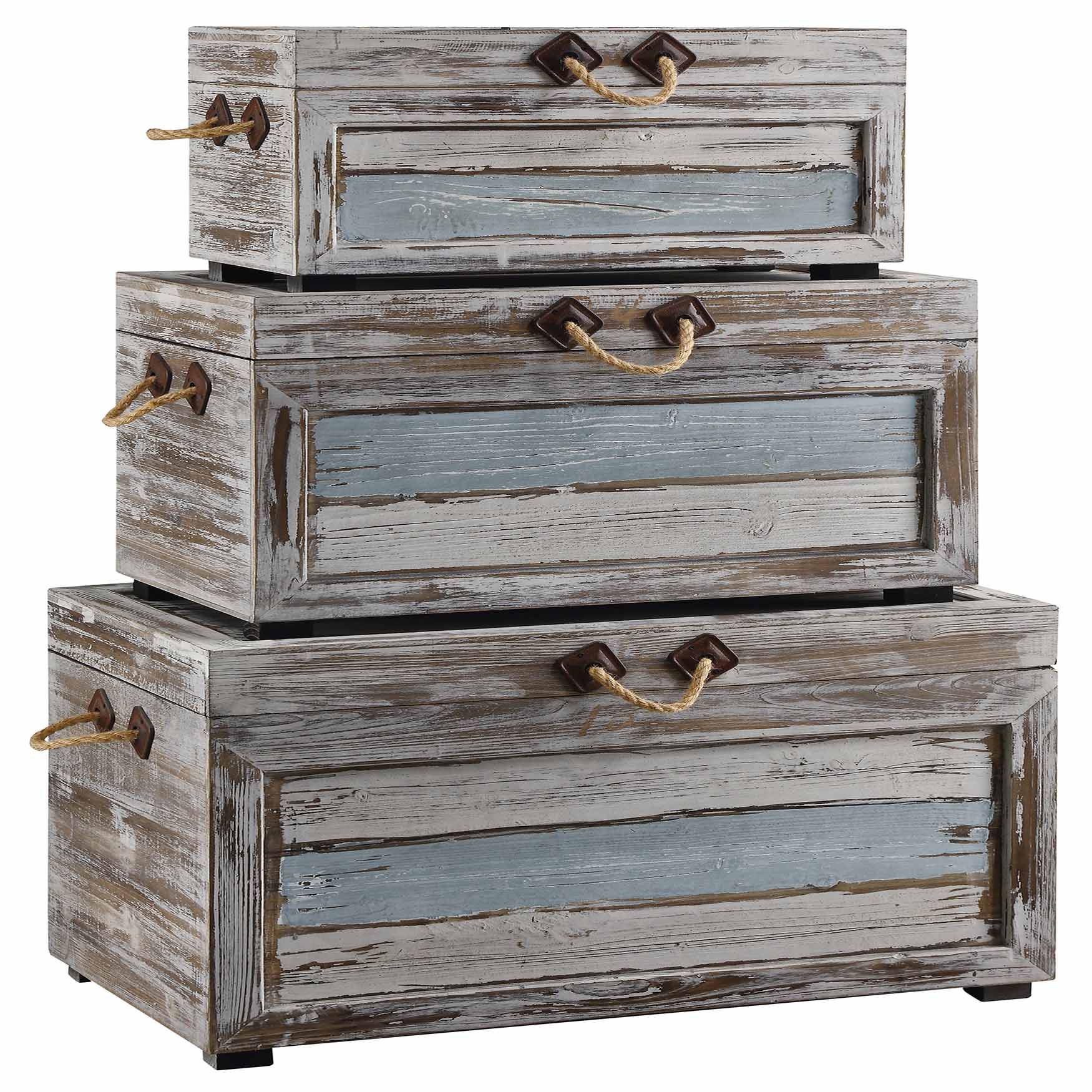 Nantucket Weathered Wood Trunks Set - Coastal Storage with Rope Handle