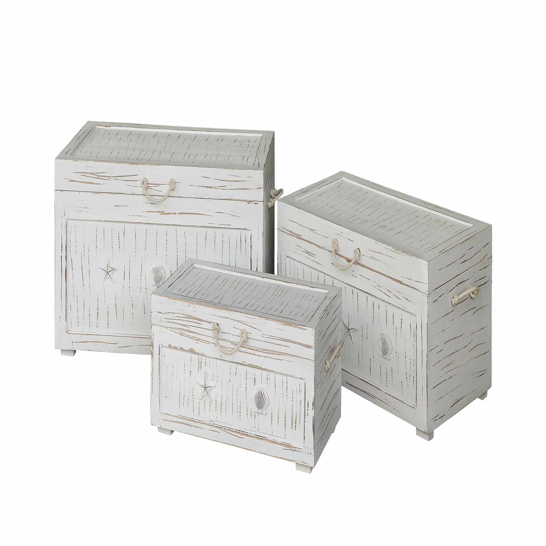 Seaside Trunks - Coastal White Shell Storage Set of 3 Chests for Styli