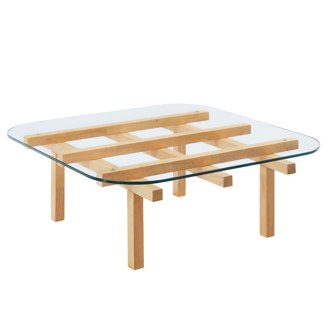 Isby 35 Inch Glass Coffee Table - Sculptural Rubberwood Base For Mid-C