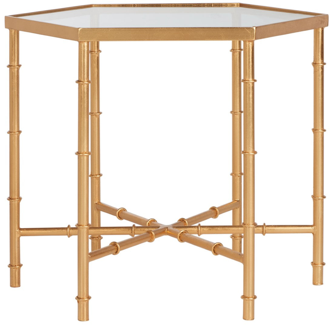 Kerri Gold Leaf Accent Table - Chic Faux Bamboo Design With Clear Glas