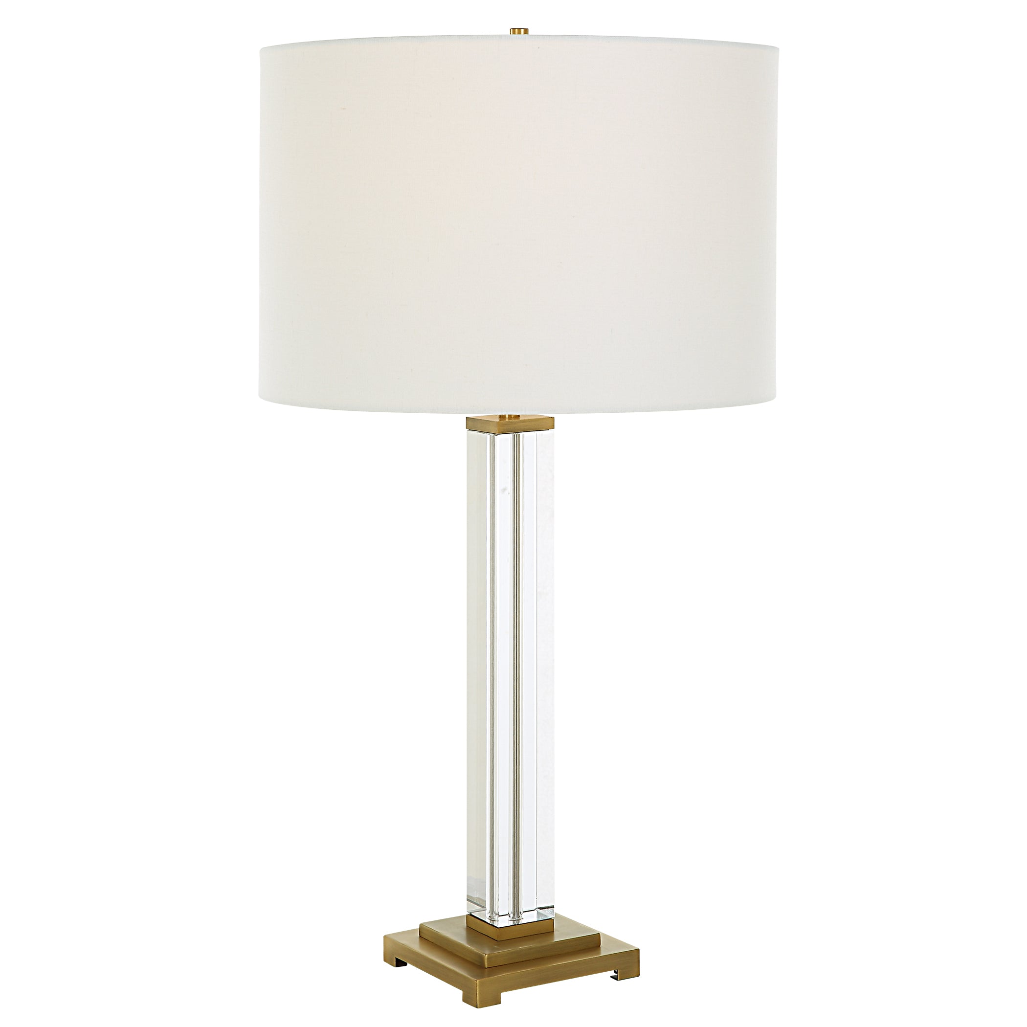 Crystal Column Table Lamp - Elegant Square Base with Antique Brass Acc