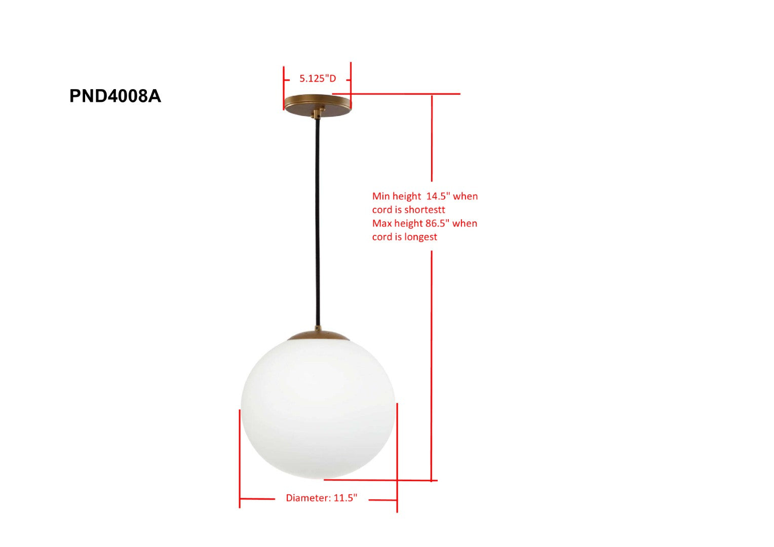 NELDA, 11.5-Inch Extendable Pendant Light with Brass Finish & White Gl