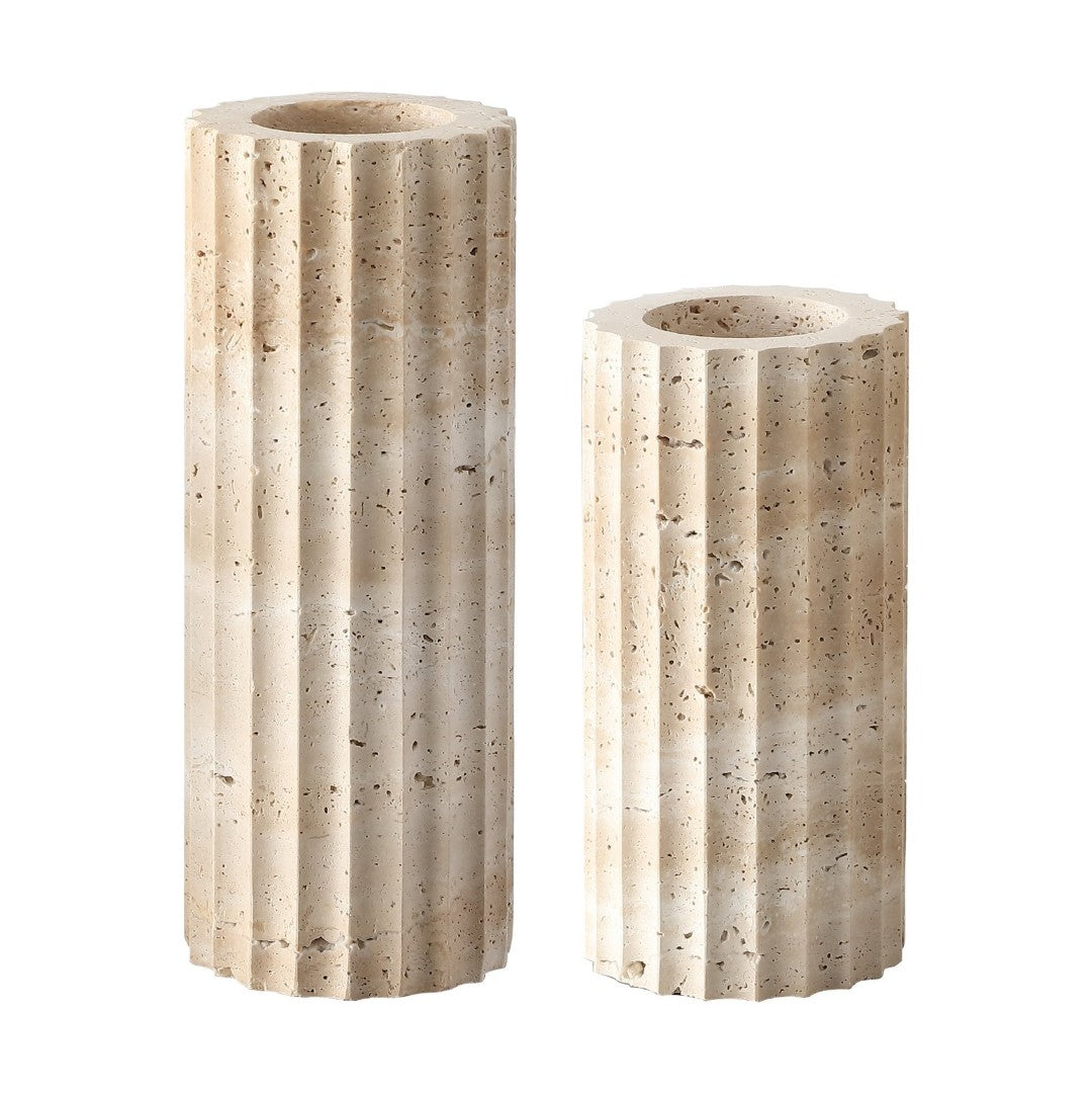 TEROI, Elegant Set of 2 Fluted Travertine Vases for Modern and Classic