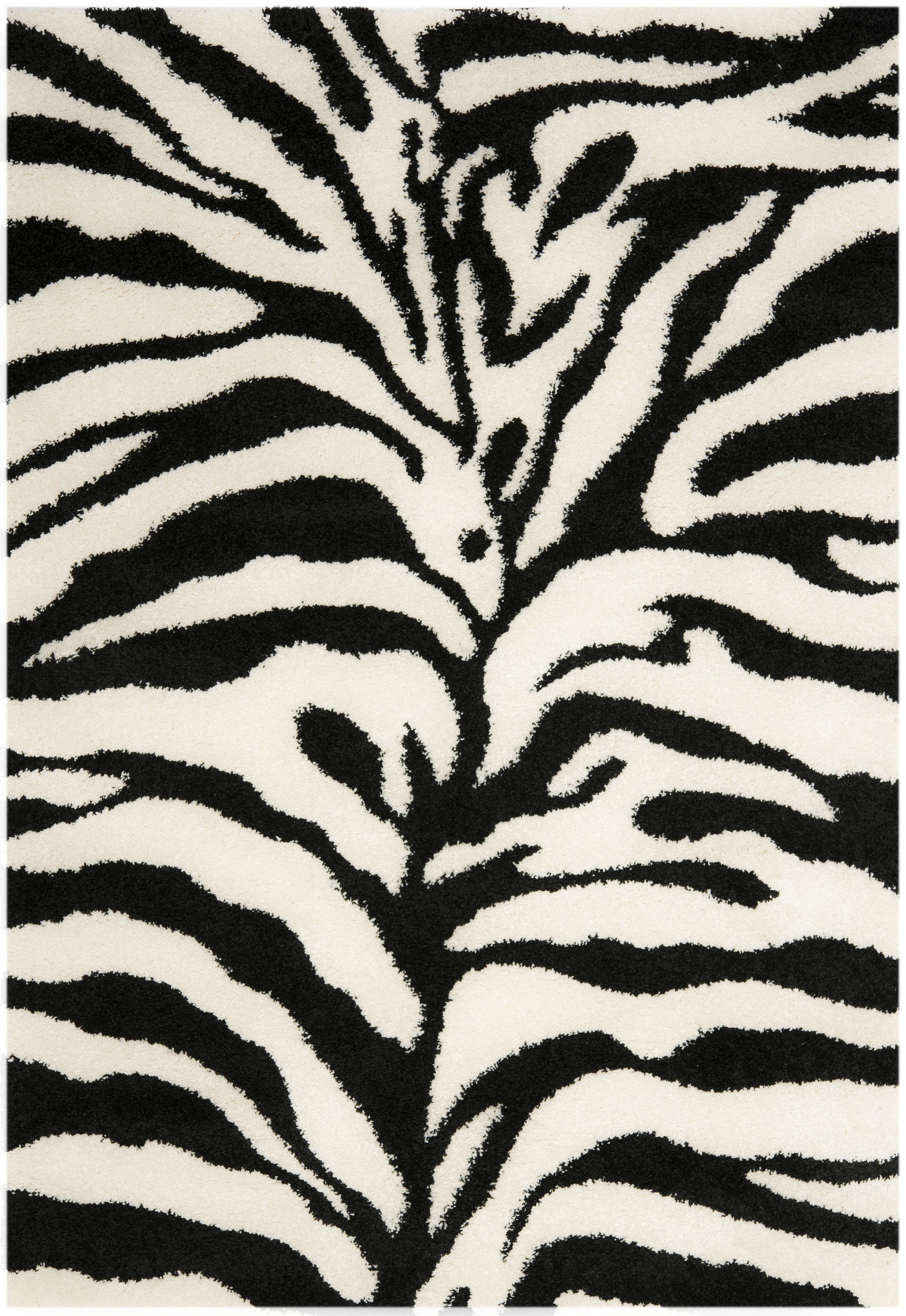 Florida Luxurious 4X4 Ivory Black Shag Area Rug With Exotic Zebra Prin