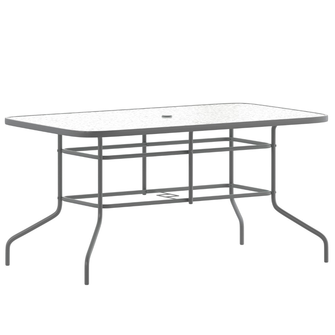 Tory Elegant Bronze Metal Patio Table with Tempered Glass Top and Umbr