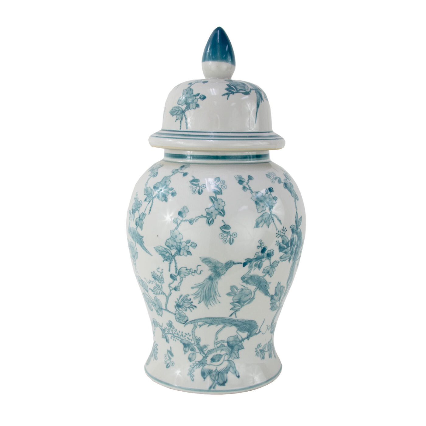 Turquoise Ceramic Jar with Floral and Bird Motif – 10"x10"x19" Decorat