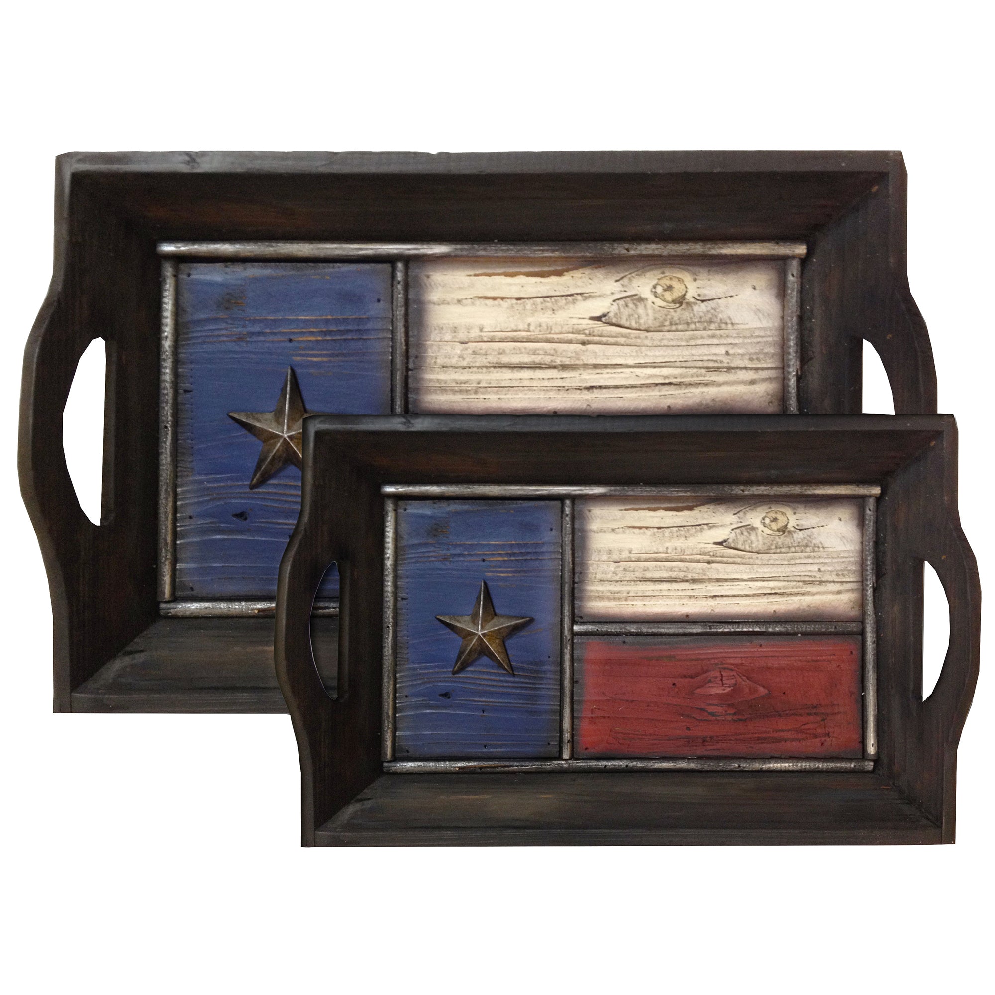 Texas Flag Tray Set - Rustic Home Decor with Distressed Wood and Silve