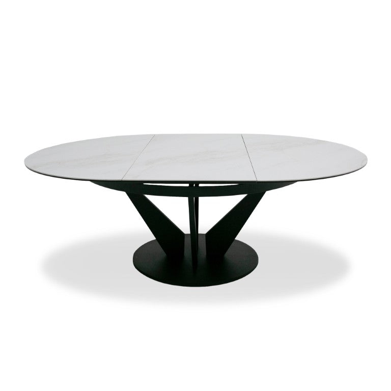 Alberta White Marble-Look Ceramic Extendable Oval Dining Table With Bl
