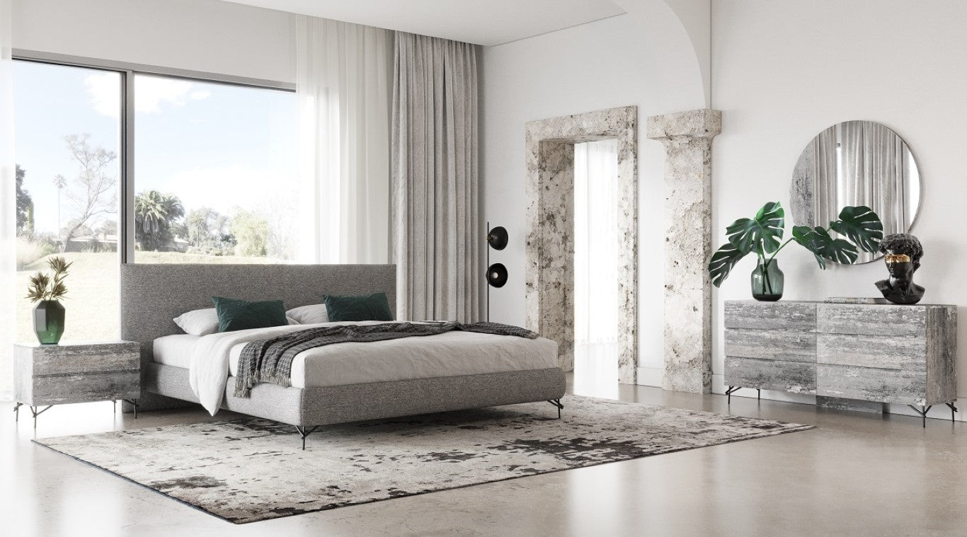 Aria Italian-Made Modern Rustic Ek Bedroom Set With Grey Magnum Uphols