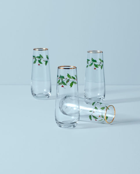 Holiday Stemless Flute Set, 4-Piece, 7 oz, Gold-Rimmed, Glass, Festive ...