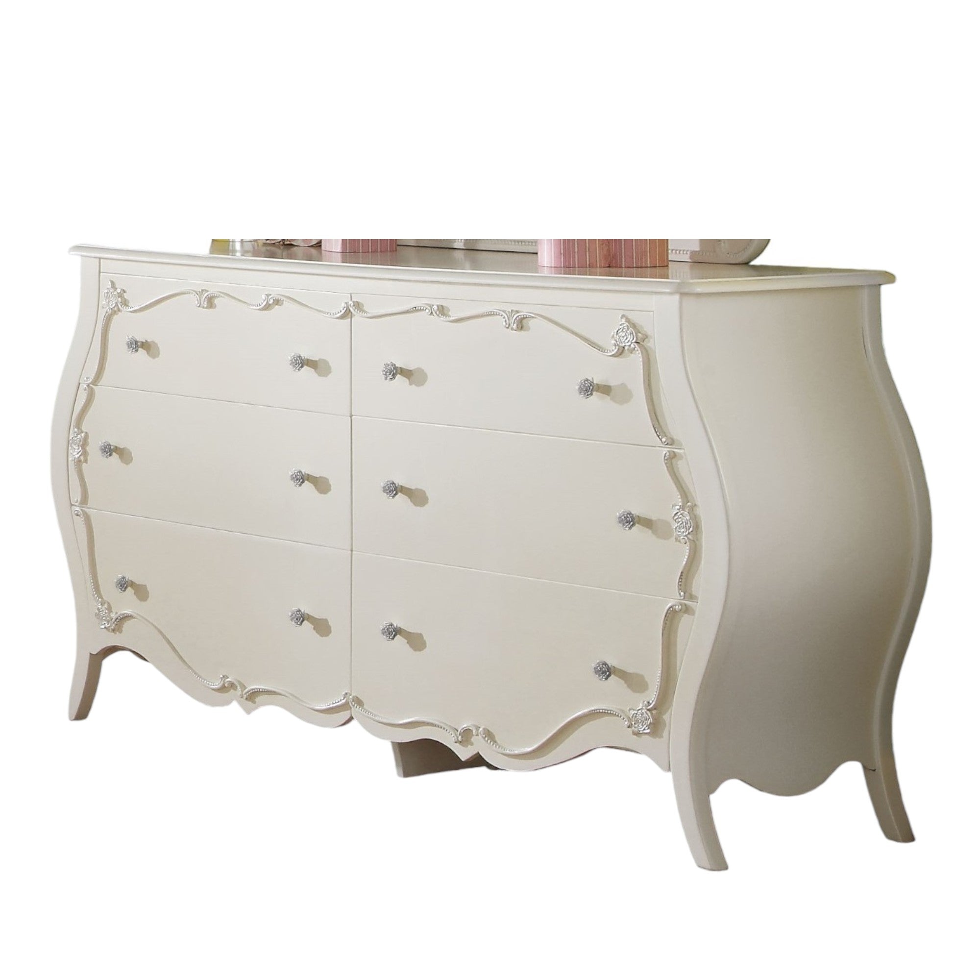 Edalene Elegant Pearl White Dresser With Scrolled Rose Inlay, Nickel R