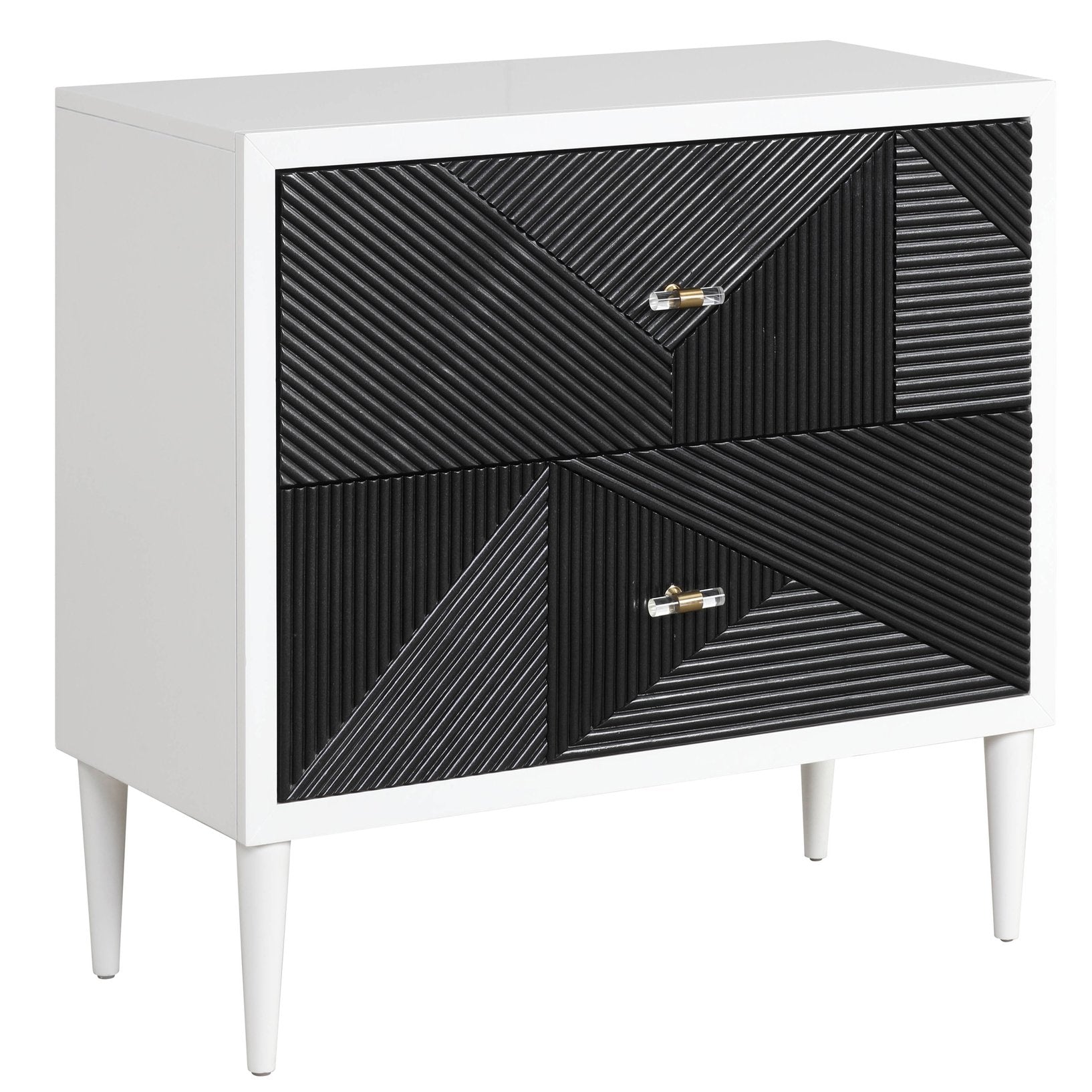 White patterned nightstand with 2 self-closing drawers, turned wooden